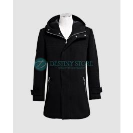 Men Zipper Hooded Wool Coat