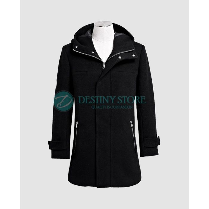 Men Zipper Hooded Wool Coat